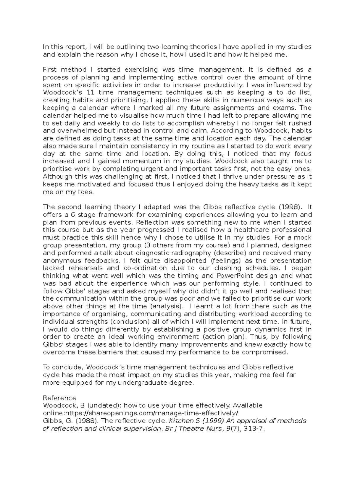Gibbs Model Report - Grade: 80/10 - In this report, I will be outlining ...