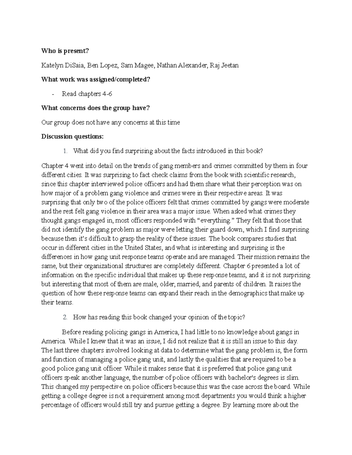 Group Assignment Book Club Meeting 2 - Who is present? Katelyn DiSaia ...