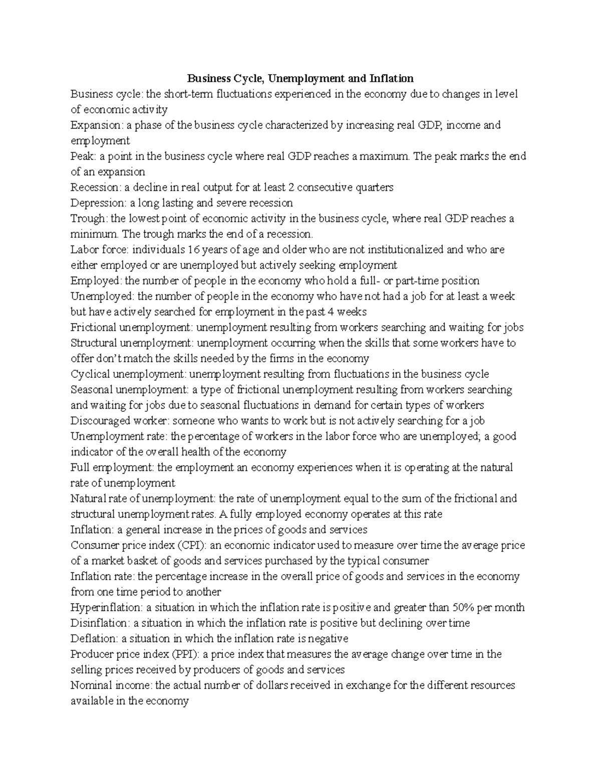 Business Cycle, Unemployment and Inflation, Aggregate Demand and ...