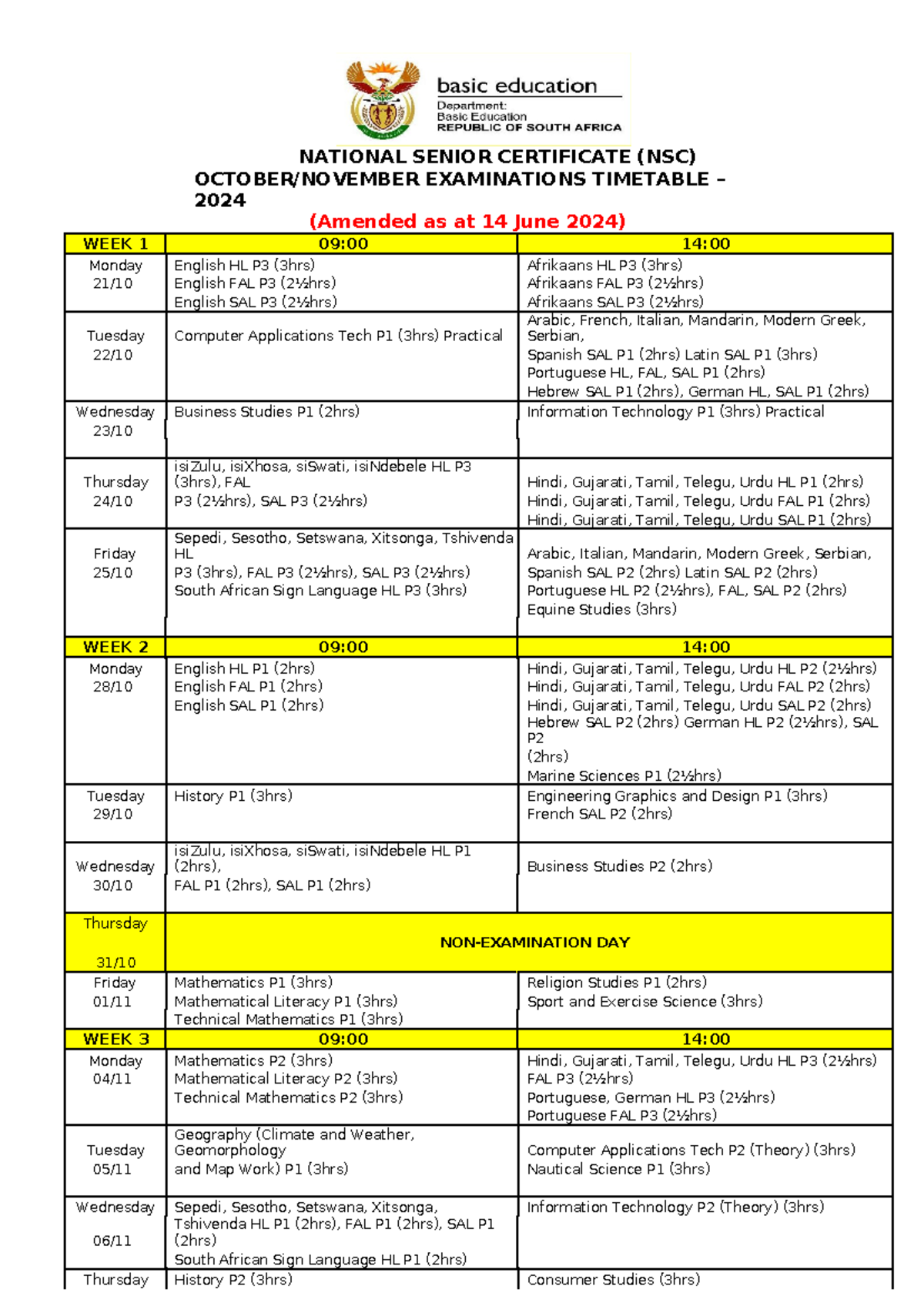 2024 NSC timetable - NATIONAL SENIOR CERTIFICATE (NSC) OCTOBER/NOVEMBER ...