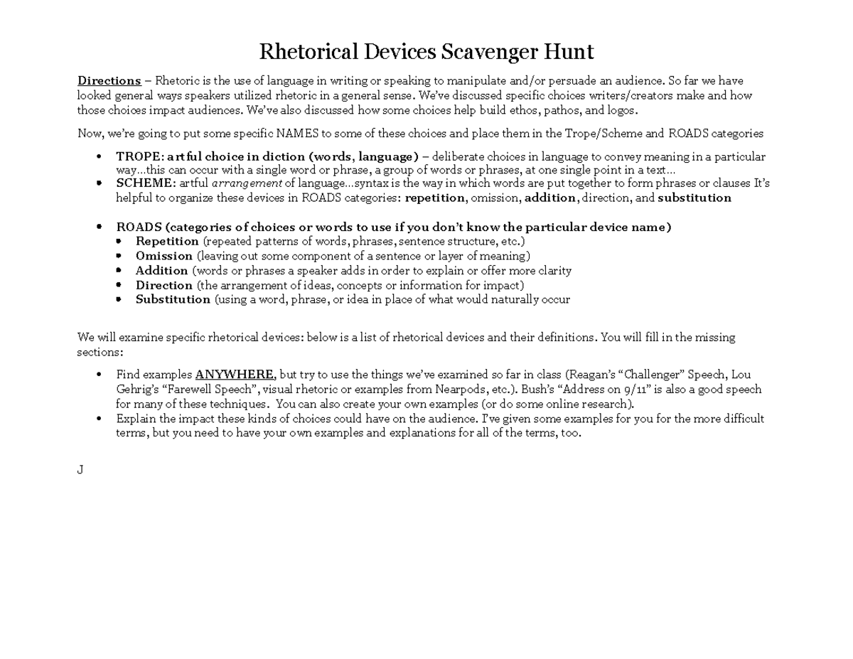 Rhetorical Devices Scavenger Hunting (101) - Rhetorical Devices ...