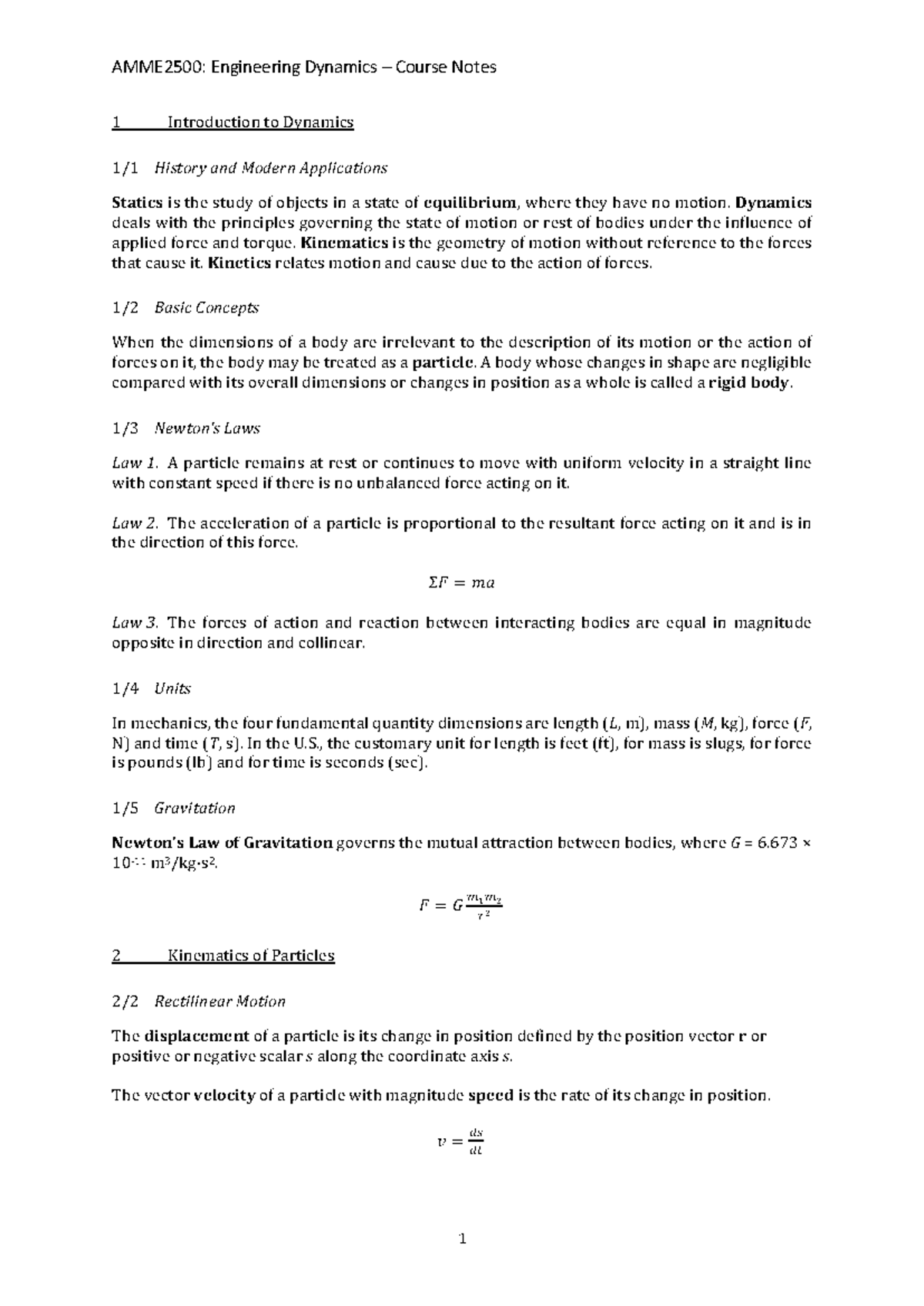 Amme2500 engineering dynamics course notes high distinction - 1 ...
