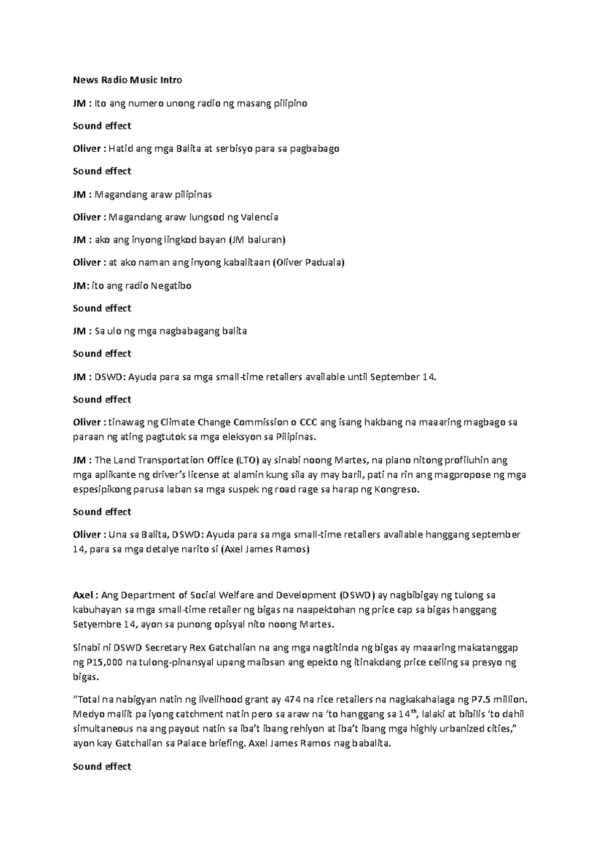 News Radio Script - Hwhshshh - News Radio Music Intro JM : Ito ang ...