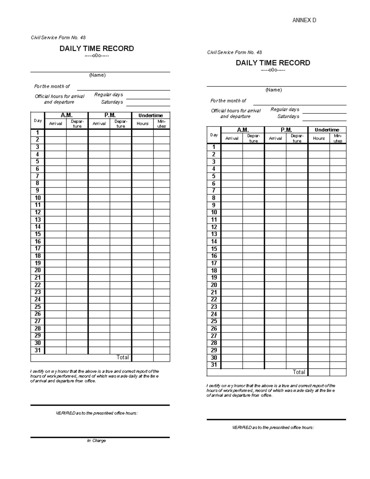 Daily-TIME- Record - Civil Service Form No. 48 DAILY TIME RECORD -o0o ...