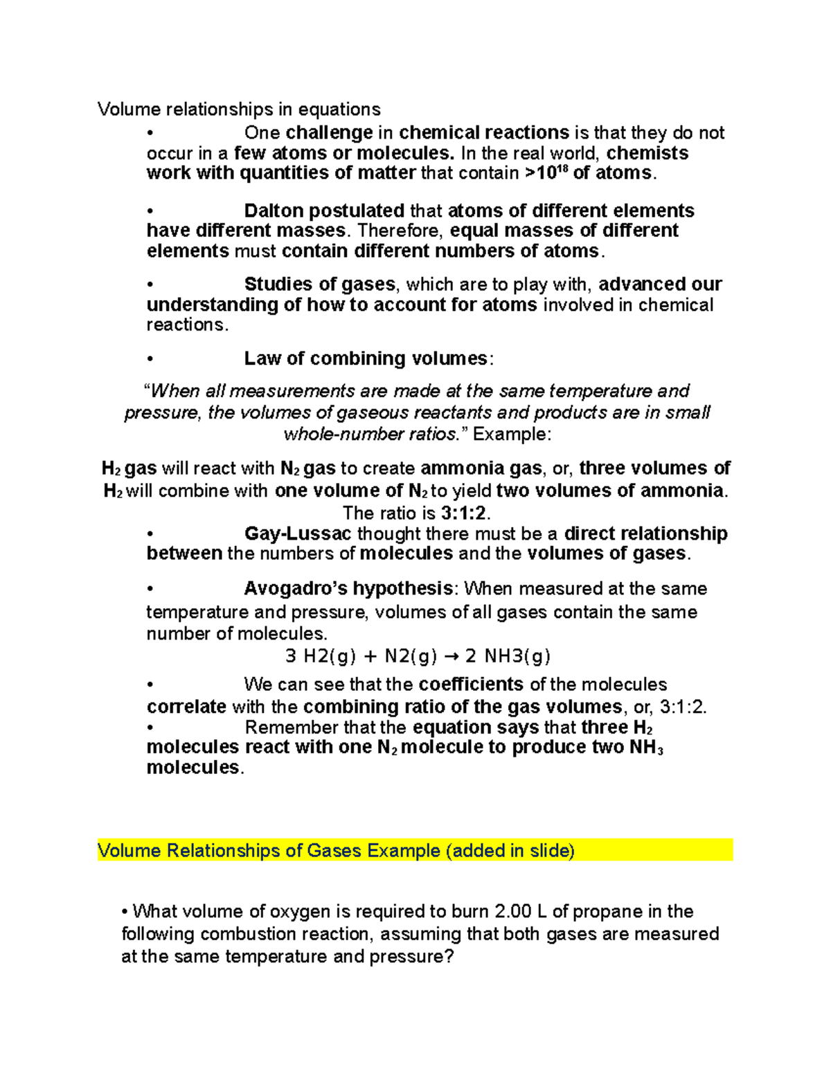 Chem 1 - Chemistry 1001- notes fall 2020 - Volume relationships in ...