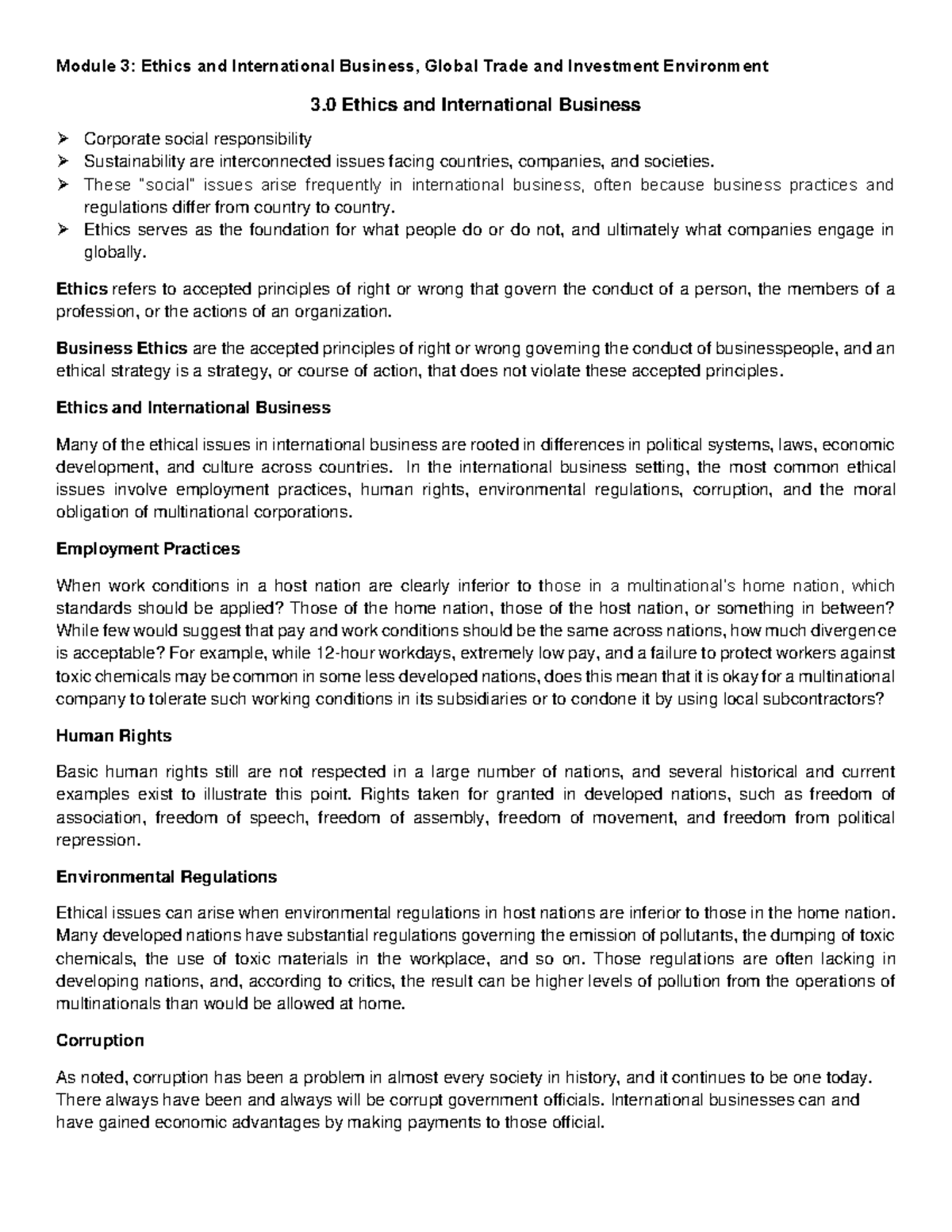 Module 3 Business and Trade - Module 3: Ethics and International ...