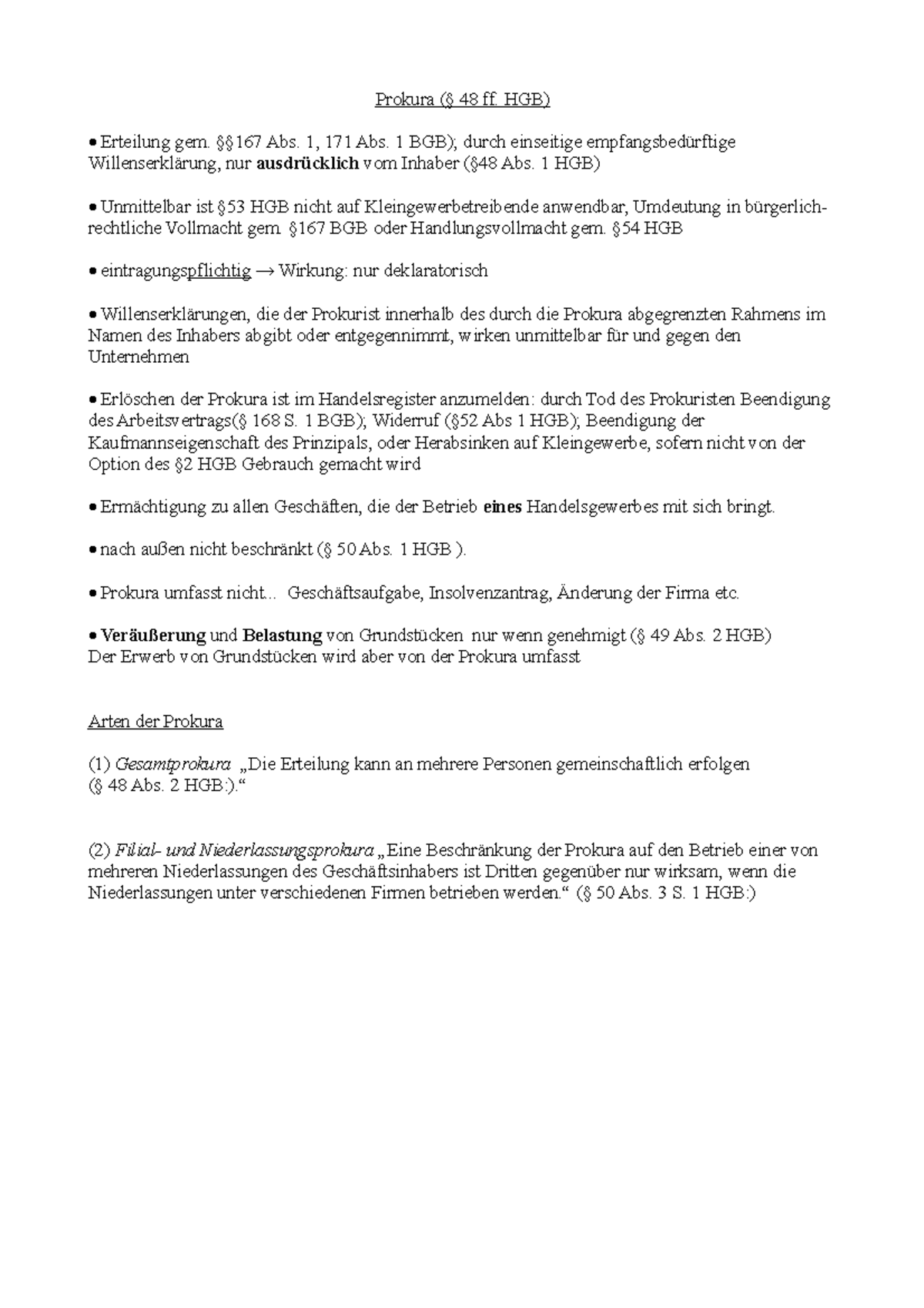 Prokura - Zusammenfassung der wichtigsten Informationen - Prokura (§ 48 ...