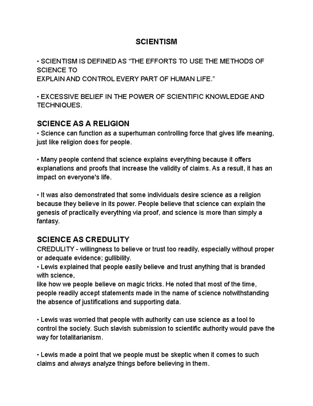 Scientism - SCIENTISM • SCIENTISM IS DEFINED AS “THE EFFORTS TO USE THE ...