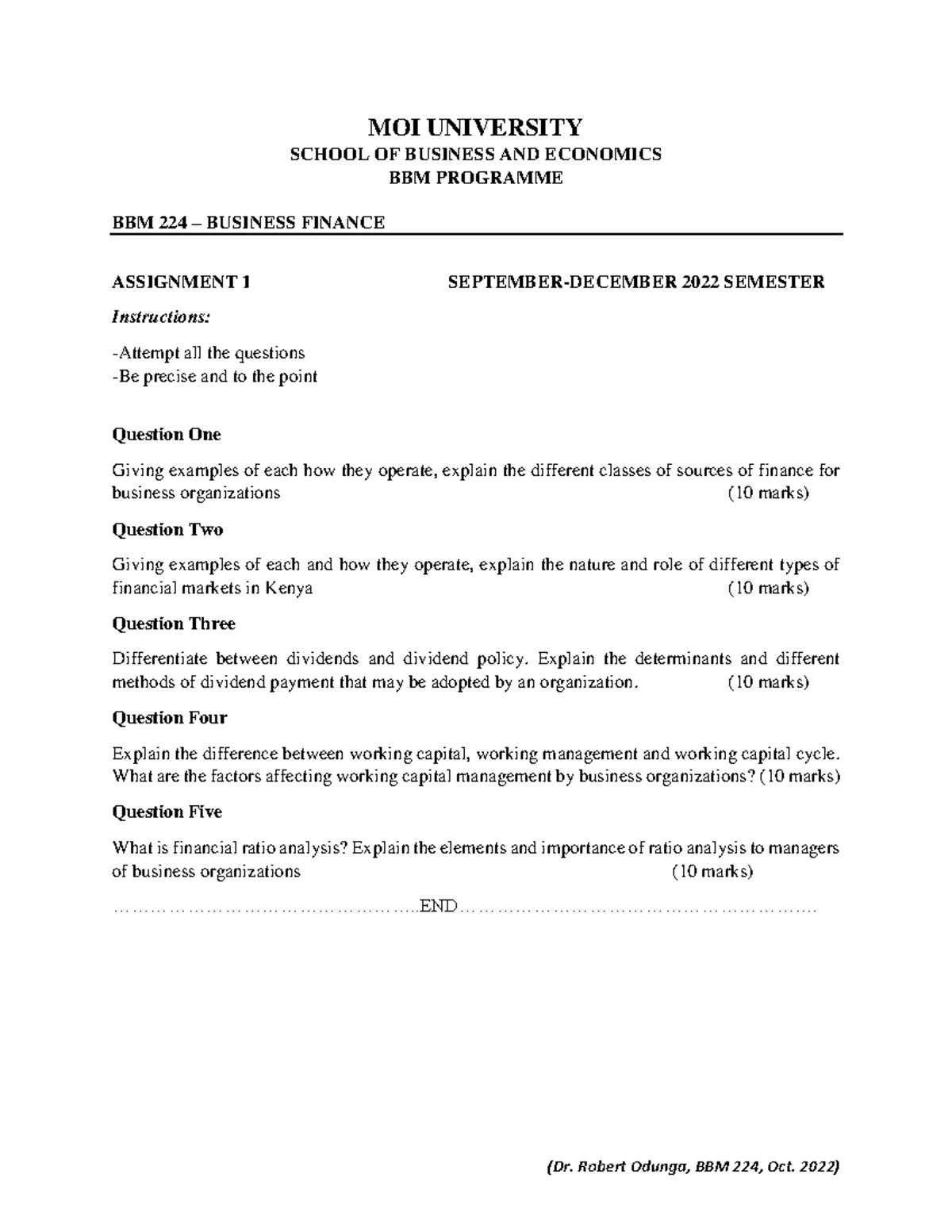 BBM 224 Assignment one Oct 2022 - (Dr. Robert Odunga, BBM 224, Oct ...