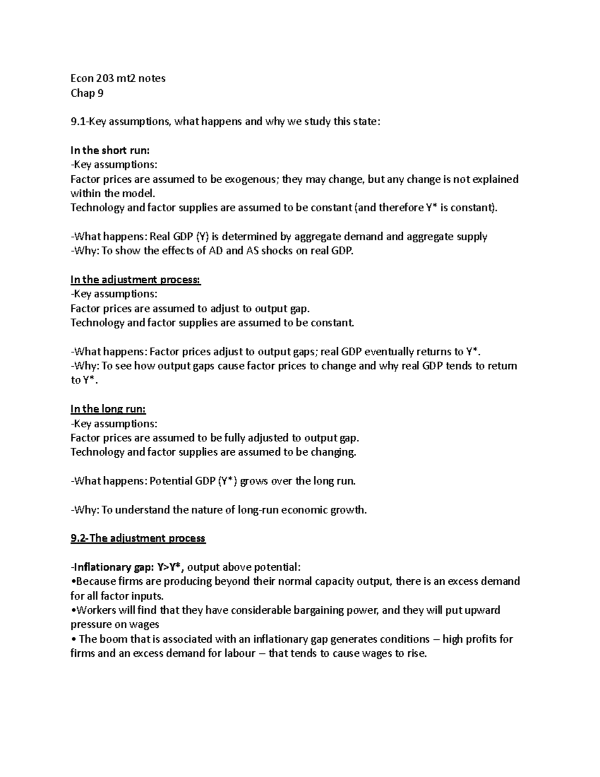 Econ 203 mt2 notes - Econ 203 mt2 notes Chap 9 9-Key assumptions, what ...