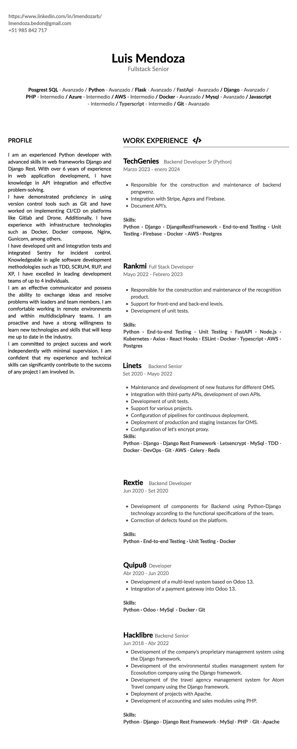 CV Luis Mendoza EN - Luis Mendoza Fullstack Senior Posgrest SQL Python Flask / Django PHP ...