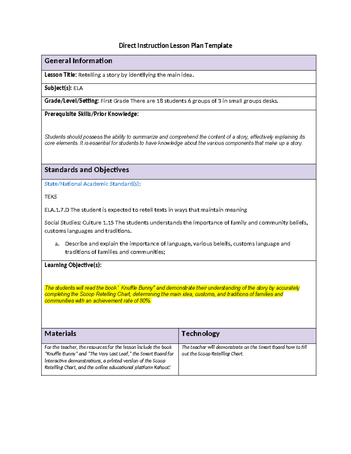 TASK 1 - task 1 - Direct Instruction Lesson Plan Template General ...