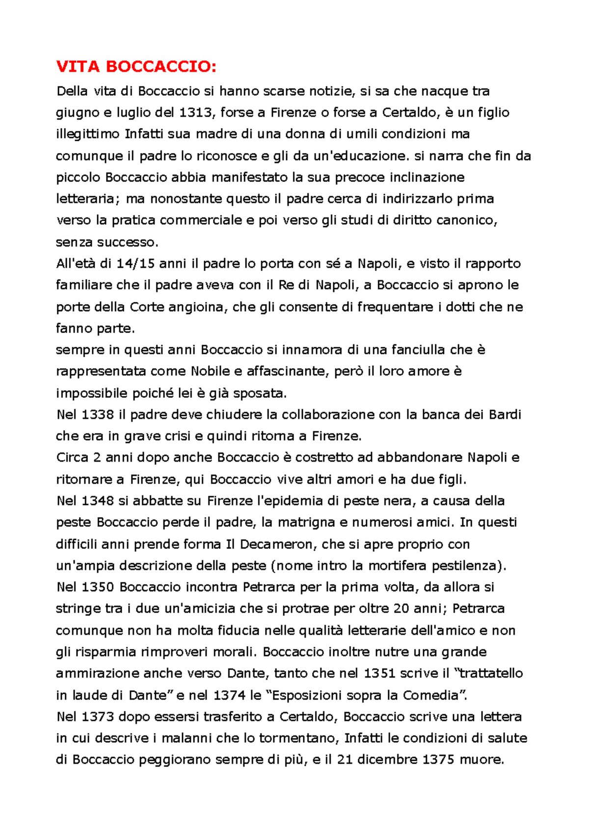 Boccaccio e ariosto, riassunto opere e vita - VITA BOCCACCIO: Della ...