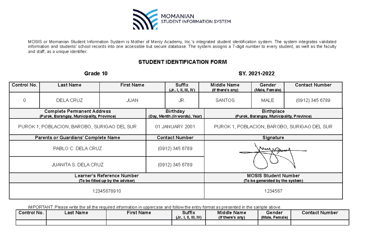 Grade 10 Student Identification FORM - MOSIS or Momanian Student ...