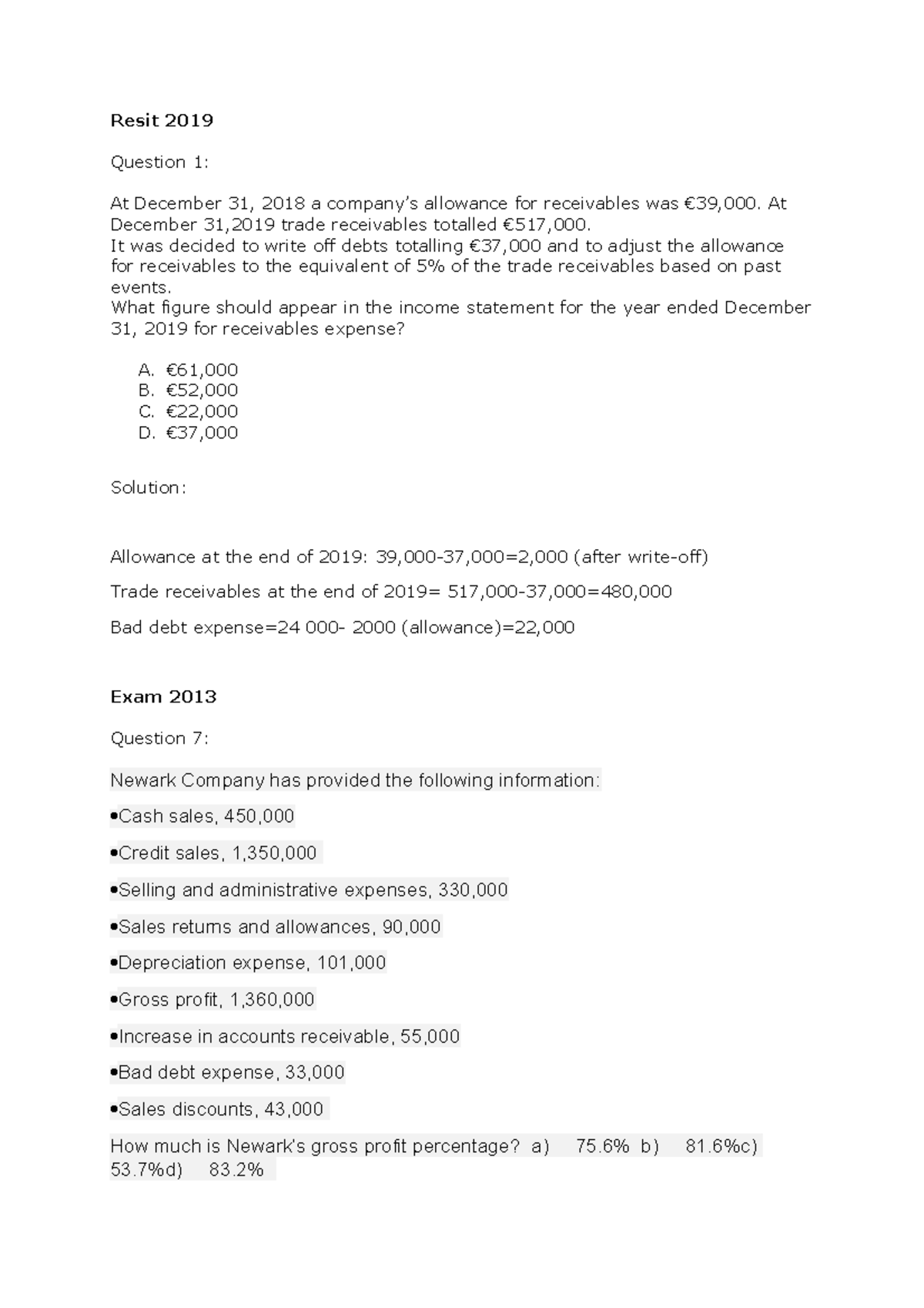 FA Explanations 2019 Resit - Resit 2019 Question 1: At December 31 ...