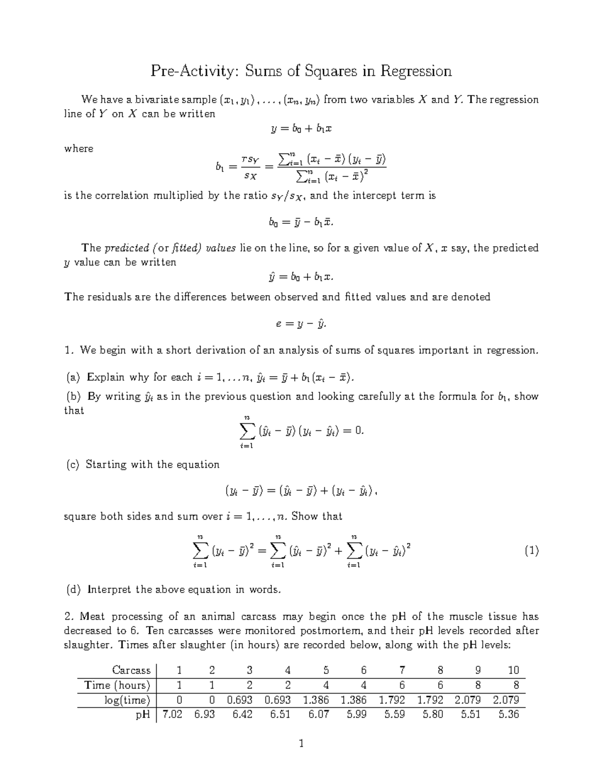 22-Regression SS Pre Activity - Pre-Activity: Sums of Squares in ...