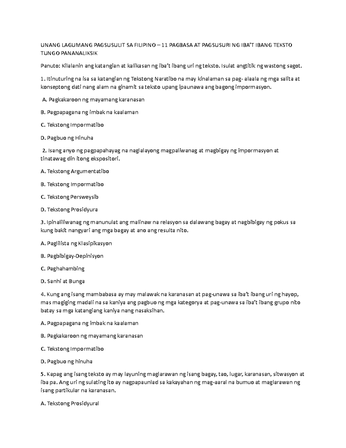 Pagpag reviewer - UNANG LAGUMANG PAGSUSULIT SA FILIPINO – 11 PAGBASA AT ...