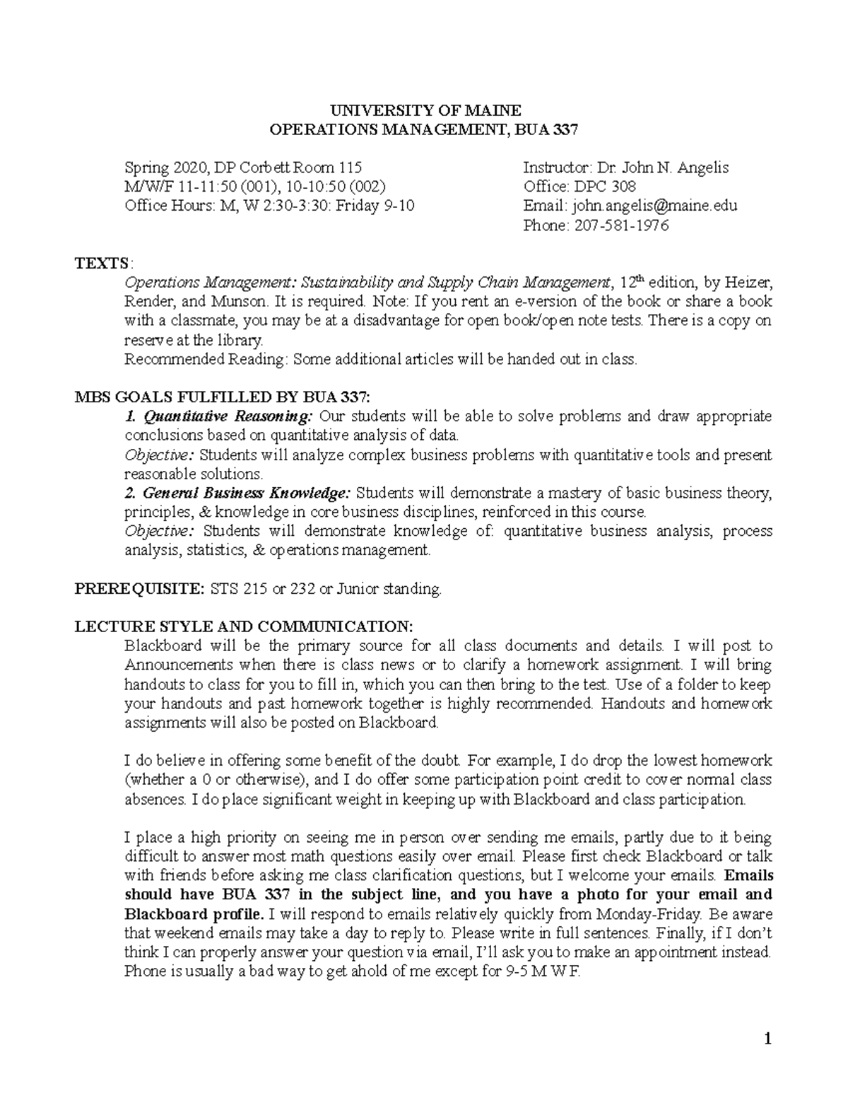 Angelis BUA 337 Ops Management Spring 2020 - UNIVERSITY OF MAINE ...