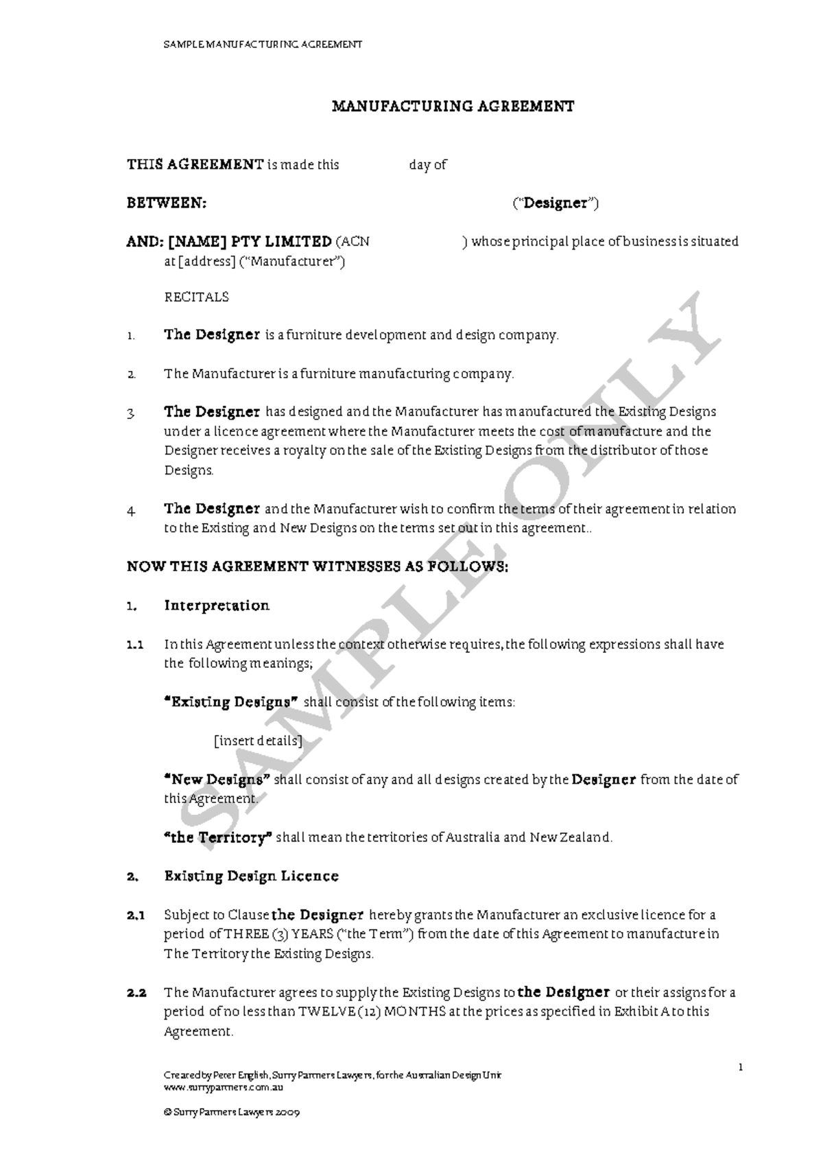 Sample manufacturing agreement - Created by Peter English, Surry ...