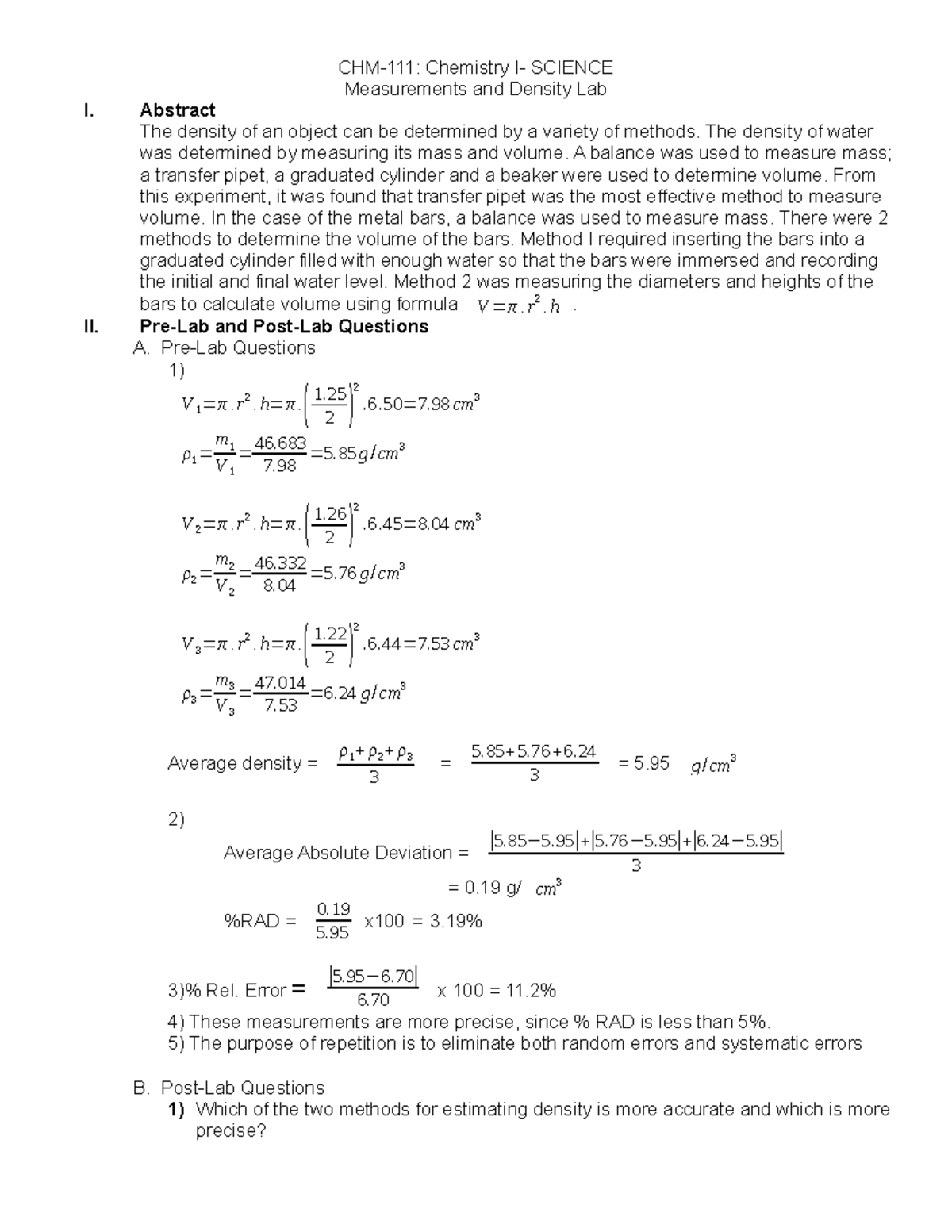 Measurementand Density Lab Report - CHM-111-01 - CCC - Studocu
