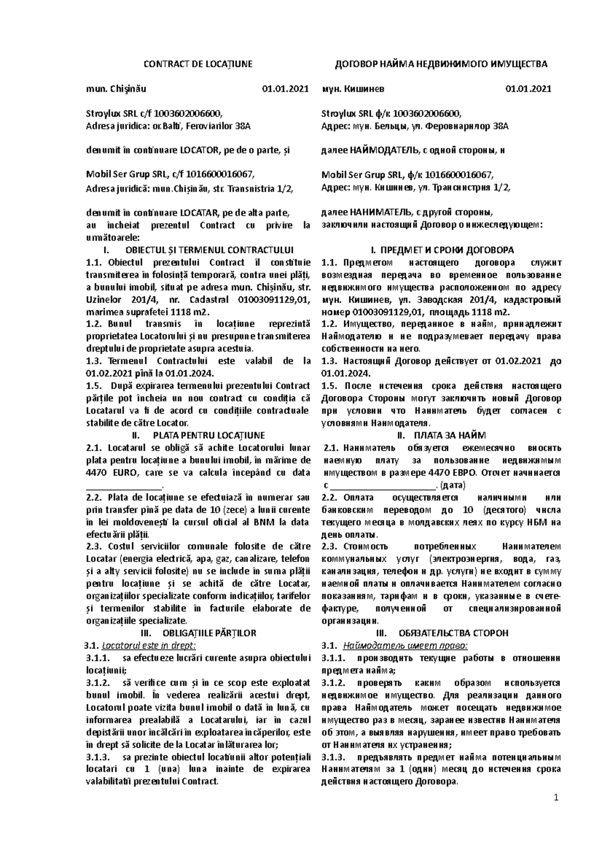 Contract ru-ro - CONTRACT DE LOCAŢIUNE ДОГОВОР НАЙМА НЕДВИЖИМОГО ...