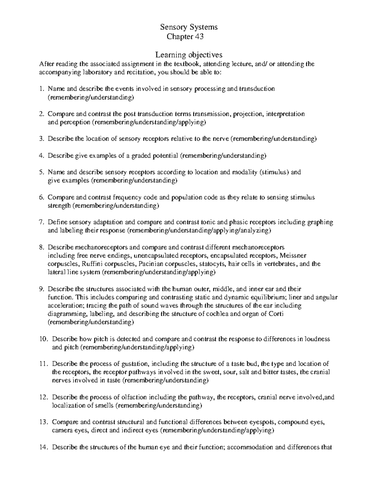 Chap+43-senses+SP23 - Notes! - Sensory Systems Chapter 43 Learning ...