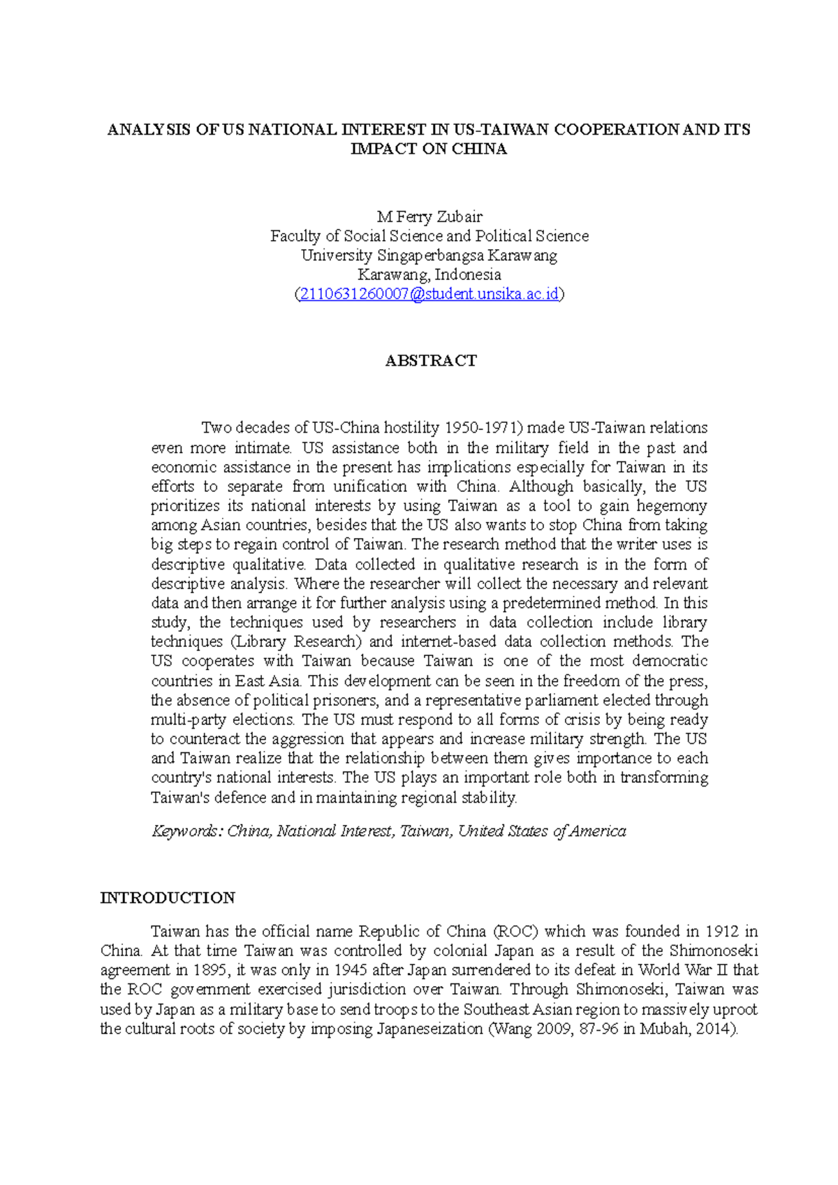 Analysis OF US National Interest IN US- Taiwan Cooperation AND ITS ...