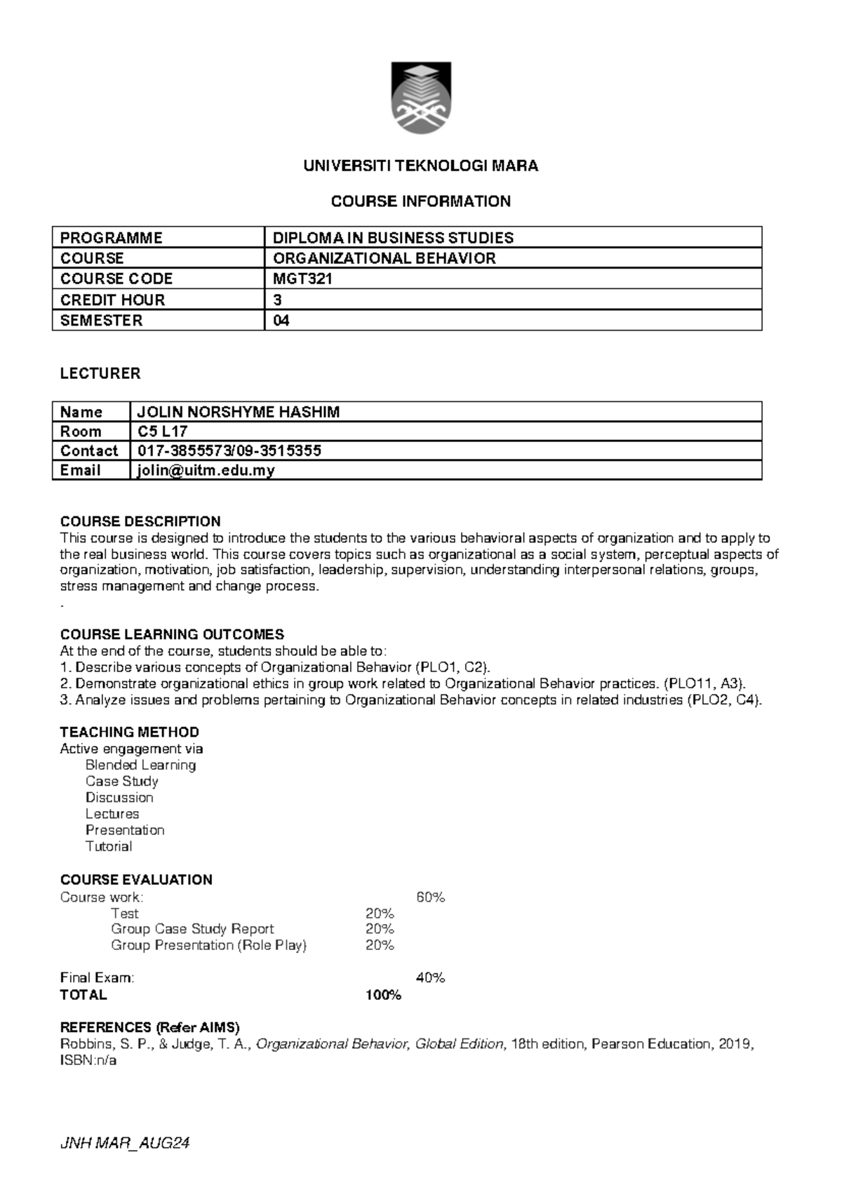 Lesson plan - JNH MAR_AUG 24 UNIVERSITI TEKNOLOGI MARA COURSE ...
