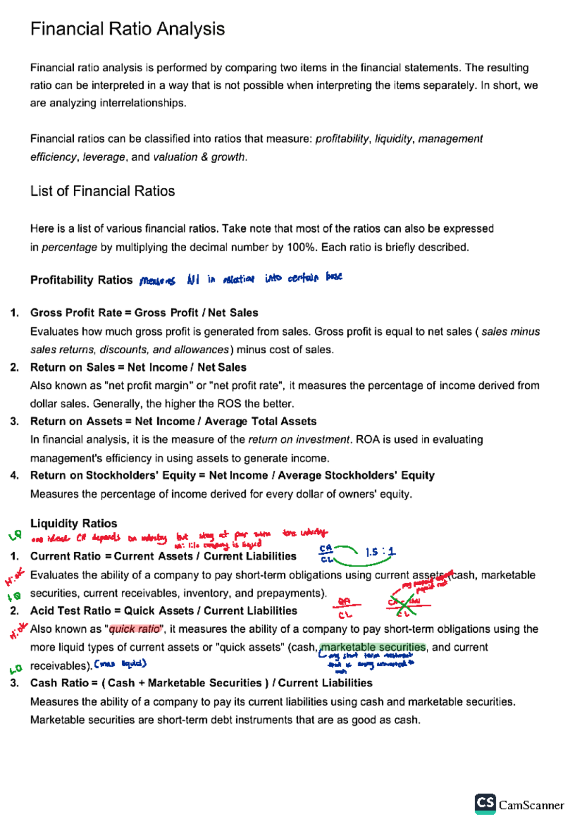 Financial ratios - Notes - Financial Management - CamScanner CamScanner ...
