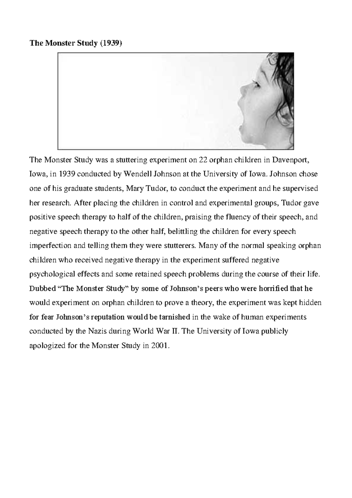 Child Research - Alevel psychology notes - The Monster Study (1939) The ...