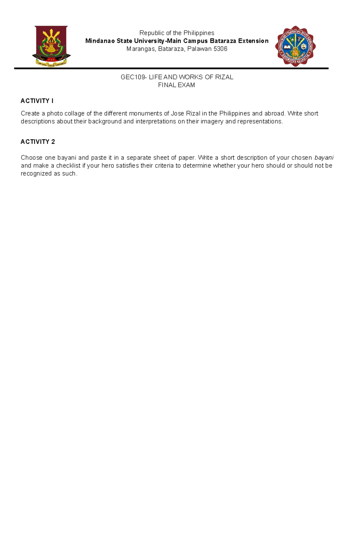 GEC-109-Finals - Uahaha - Republic of the Philippines Mindanao State ...