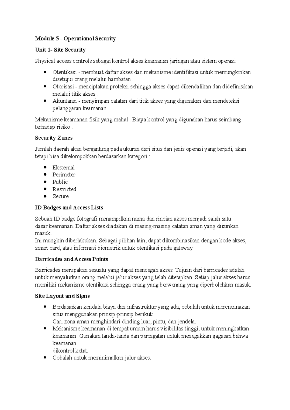 Resume 8 KSI3805 Kelompok 8 Unit 1, 2 dan 3 - Module 5 - Operational Security Unit 1- Site ...