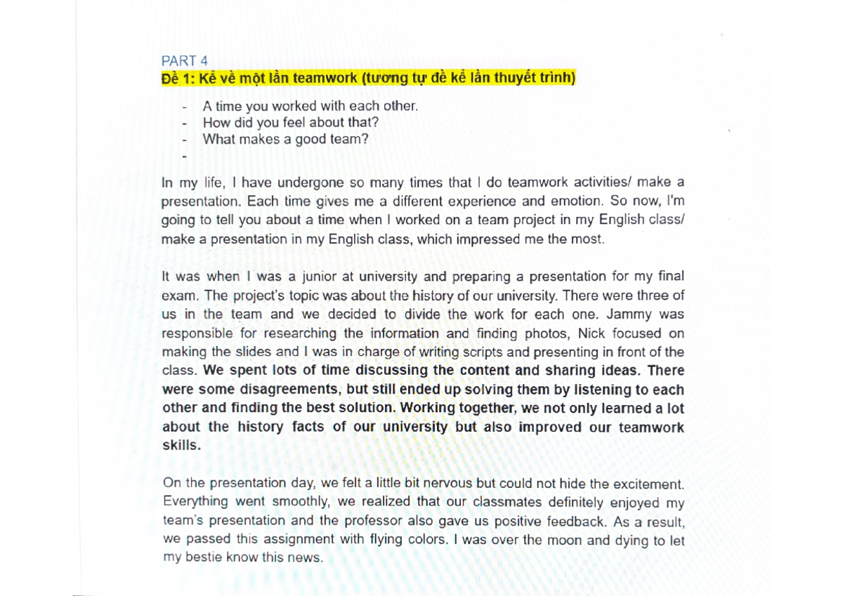In - yess - PART 4 Dè 1: Ke vè môt lân teamwork tup dê ké làn thuyét ...