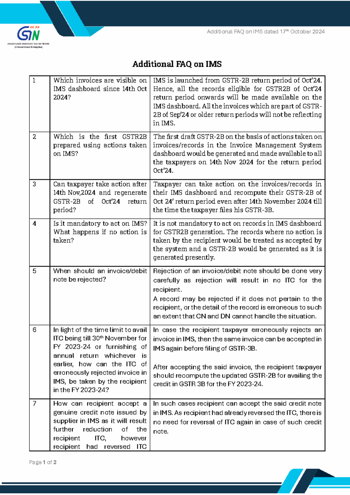 FAQ 17-10-24 - GST IMS FAQ - Additional FAQ on IMS dated 17th October ...