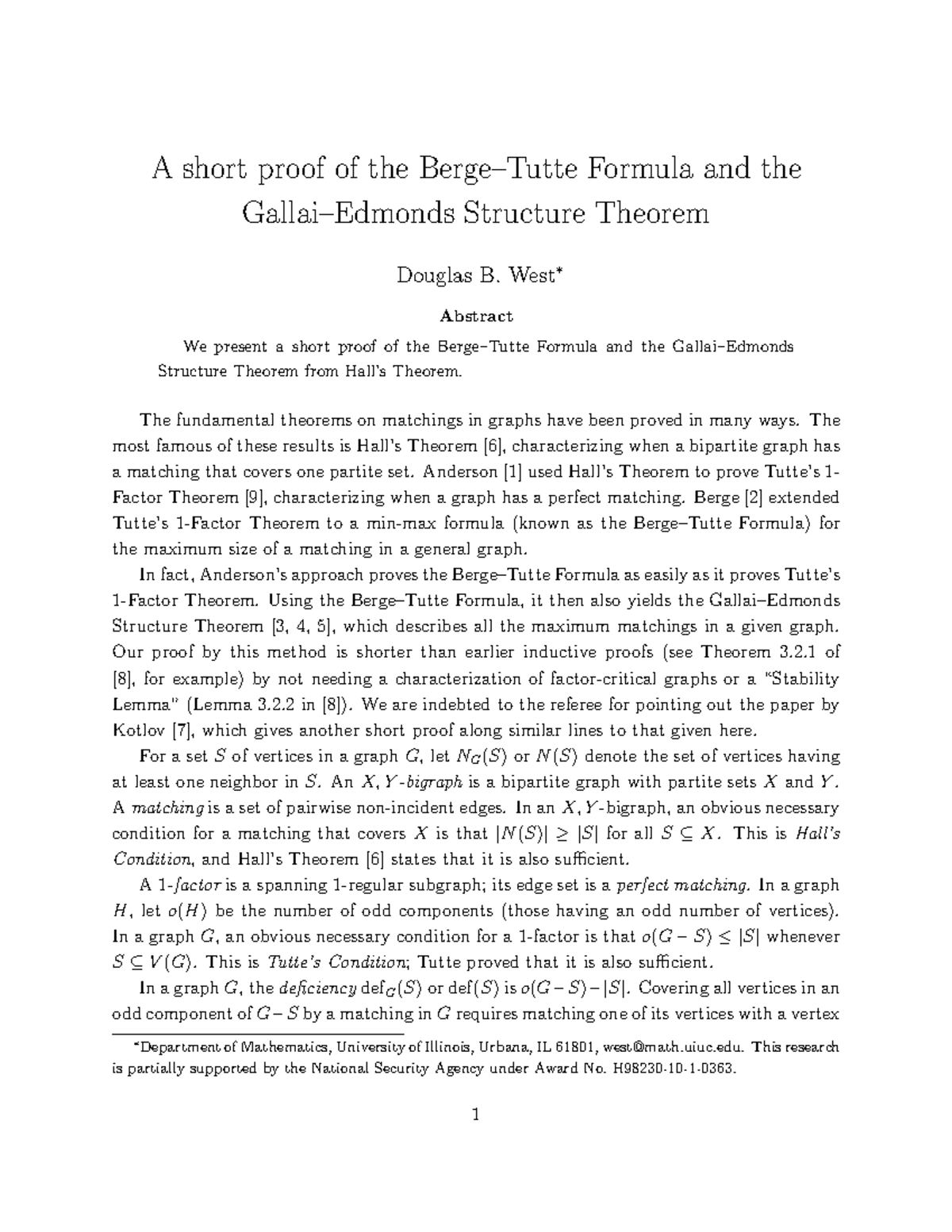 Galledm - Prof is Naveen Garg - A short proof of the Berge–Tutte Formula and the Gallai–Edmonds ...