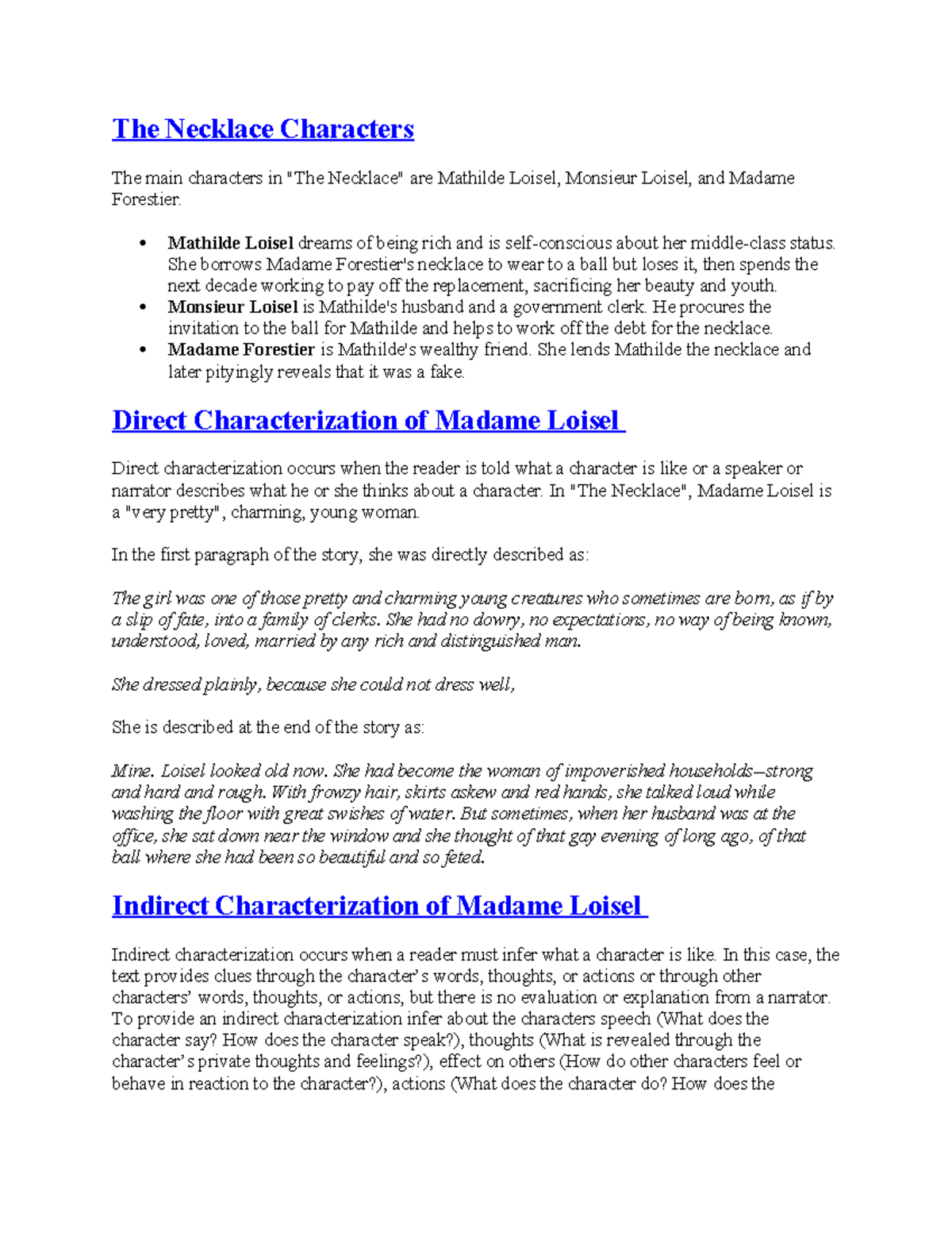 Characterization of Madam Loisel from The Necklace - The Necklace ...