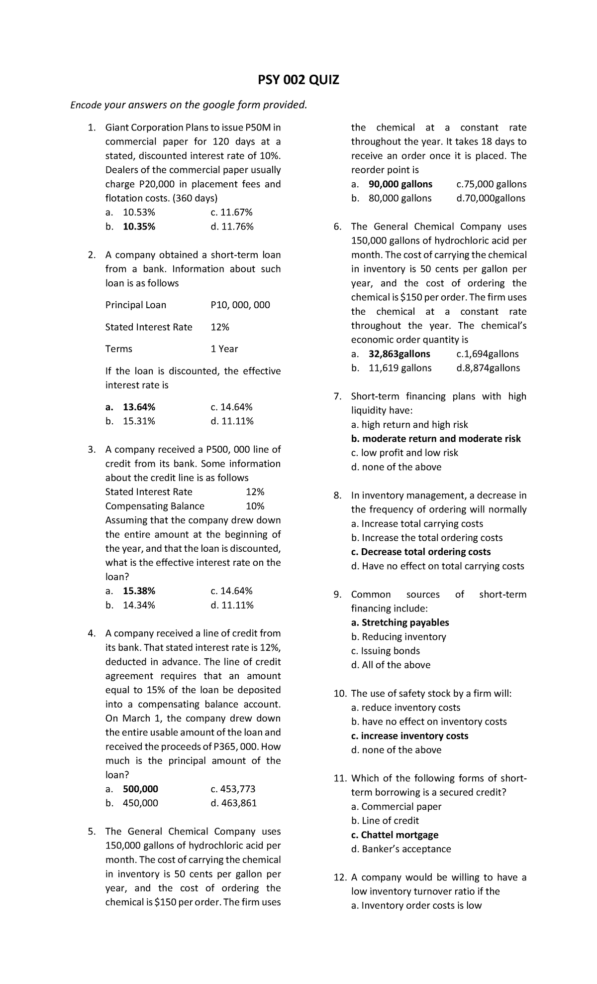 PSY002-P3QUIZ1 - Inventory Management - PSY 002 QUIZ Encode your ...