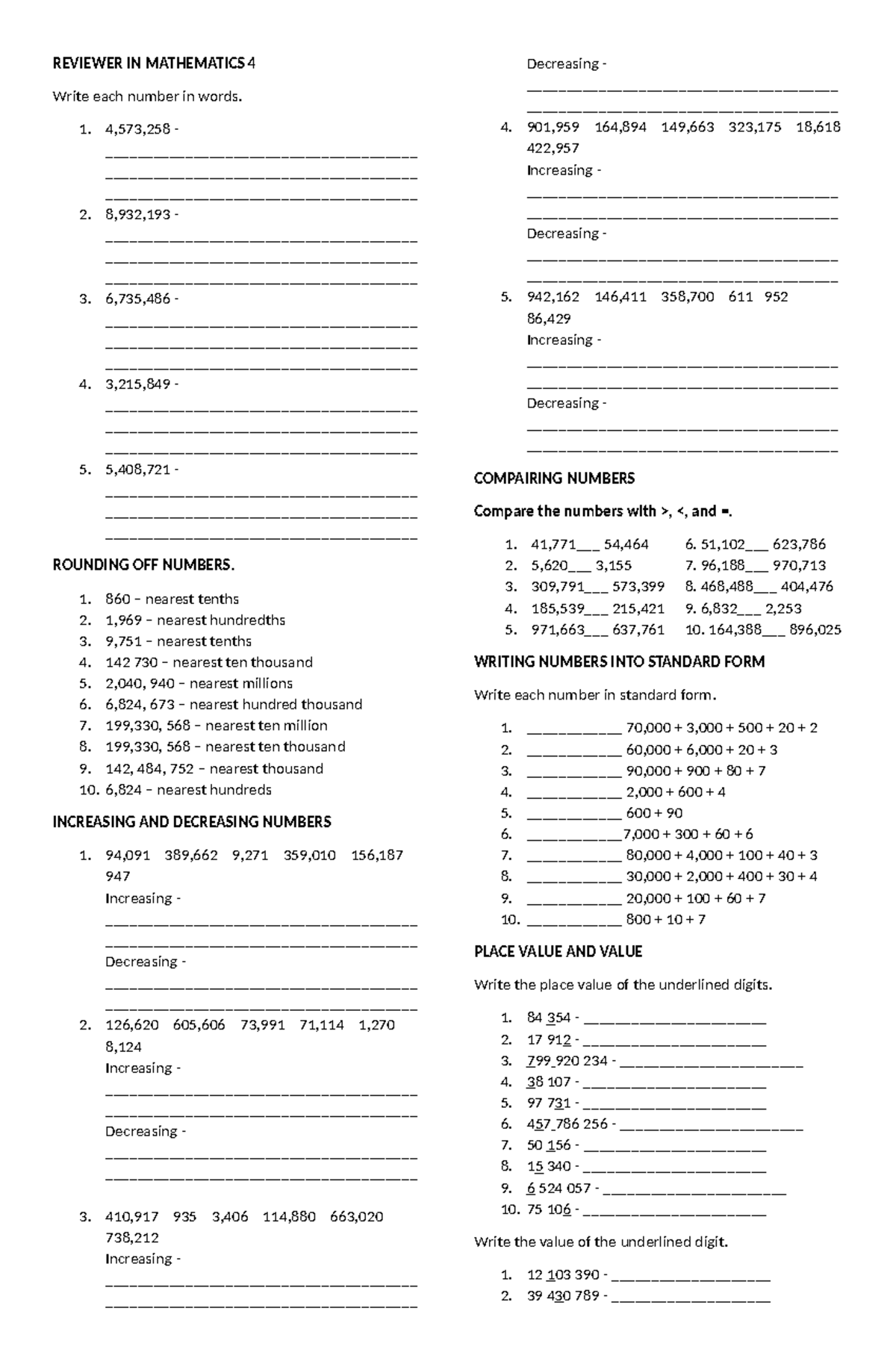 Reviewer IN Mathematics 4 - REVIEWER IN MATHEMATICS 4 Write each number ...