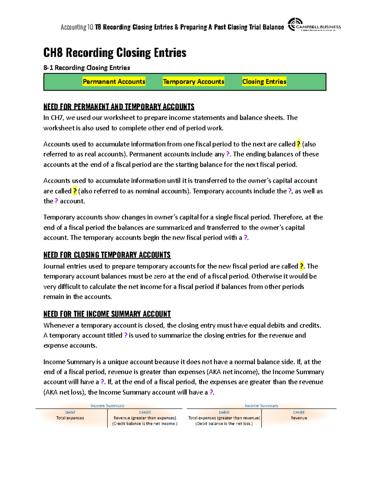 8-1 Notes - Recording Closing Entries - CH8 Recording Closing Entries 8 ...