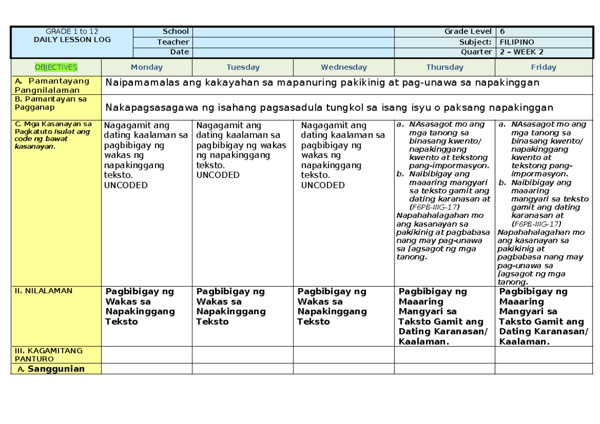 WEEK2-dll- Filipino - Education - GRADE 1 to 12 DAILY LESSON LOG School ...