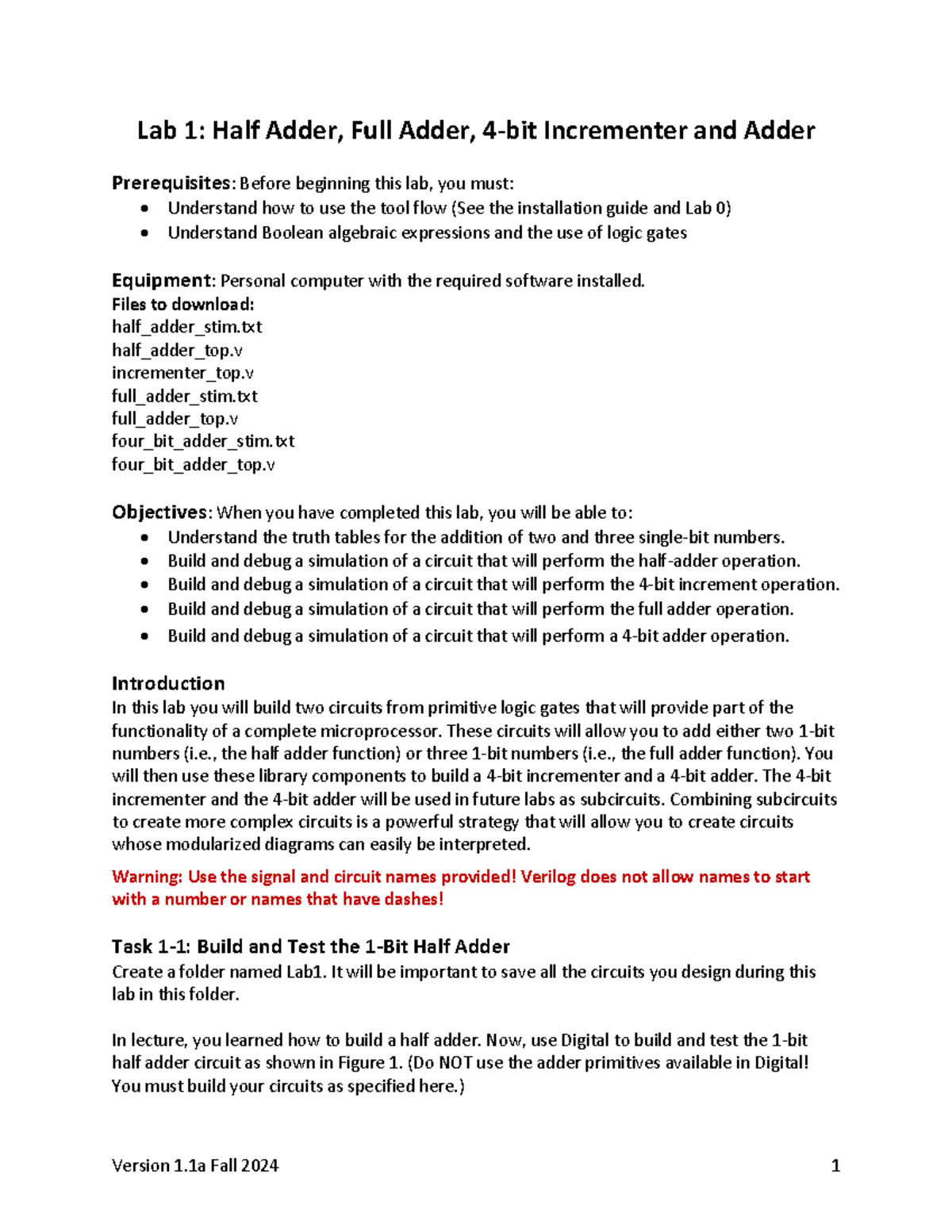 Lab 1 Manual - Lab 1 : Half Adder, Full Adder, 4-bit Incrementer and ...