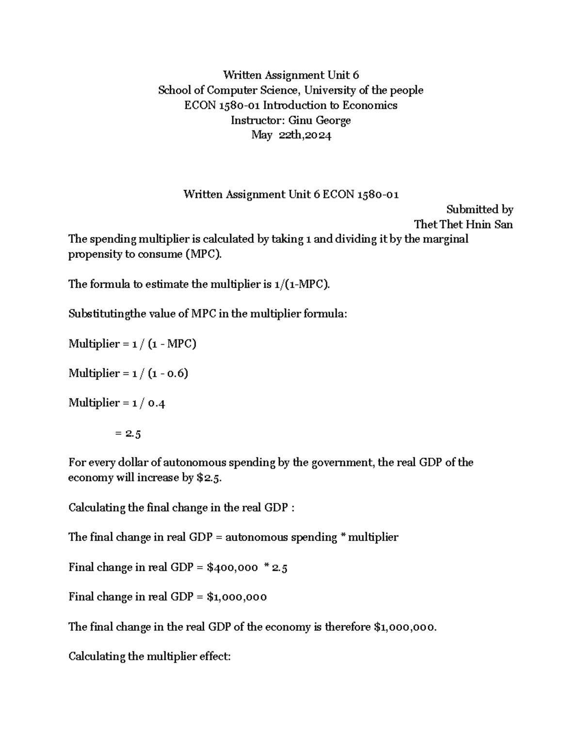 Written Assignment Unit 6 ECO - Written Assignment Unit 6 School of Computer Science, University ...