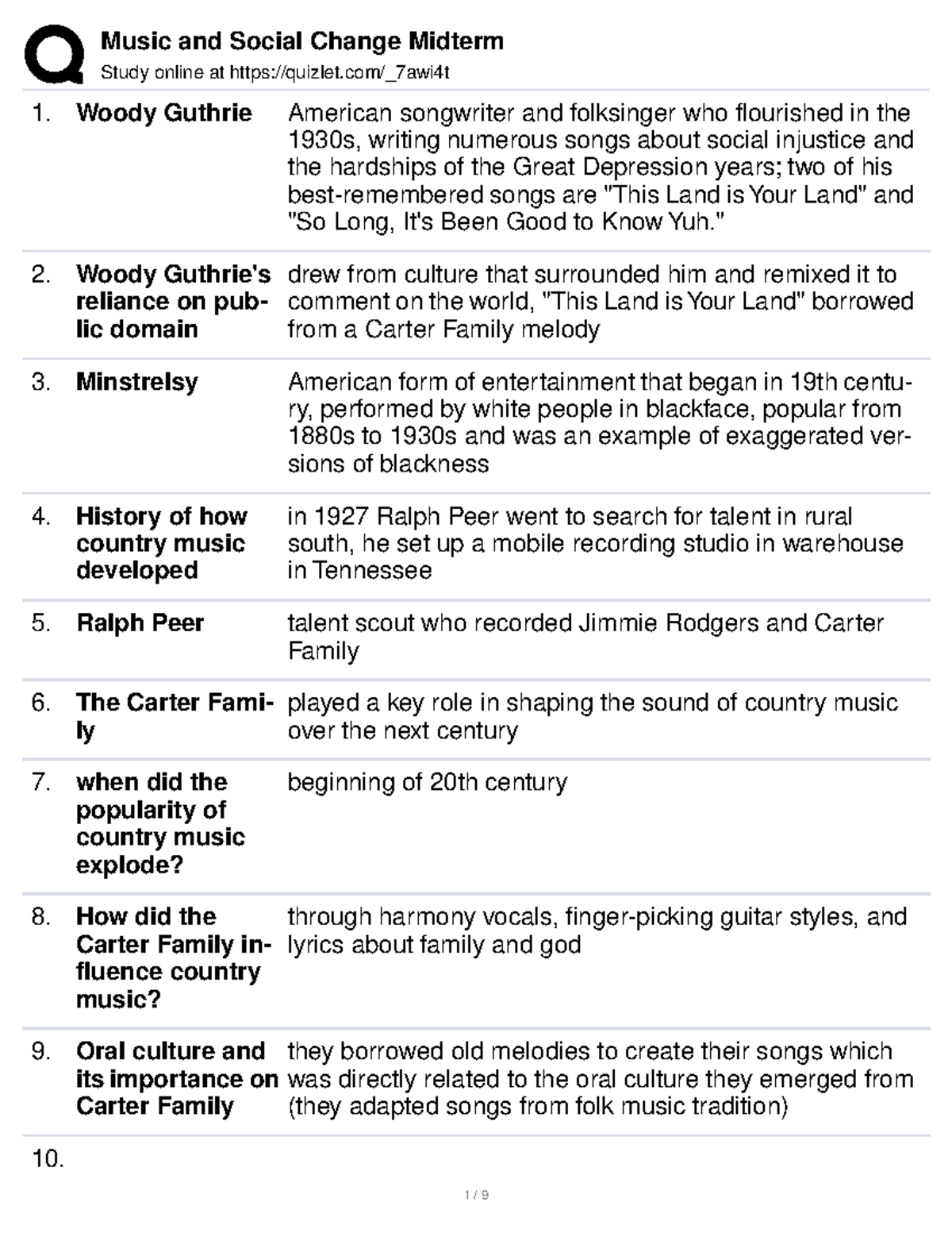 Music social change midterm - Study online at quizlet/_7awi4t Woody ...