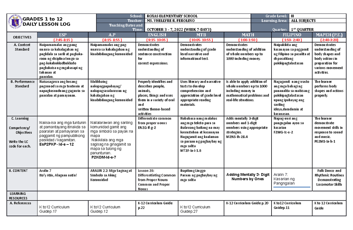 DLL ALL Subjects 2 Q1 W7 D3 - GRADES 1 to 12 DAILY LESSON LOG School ...