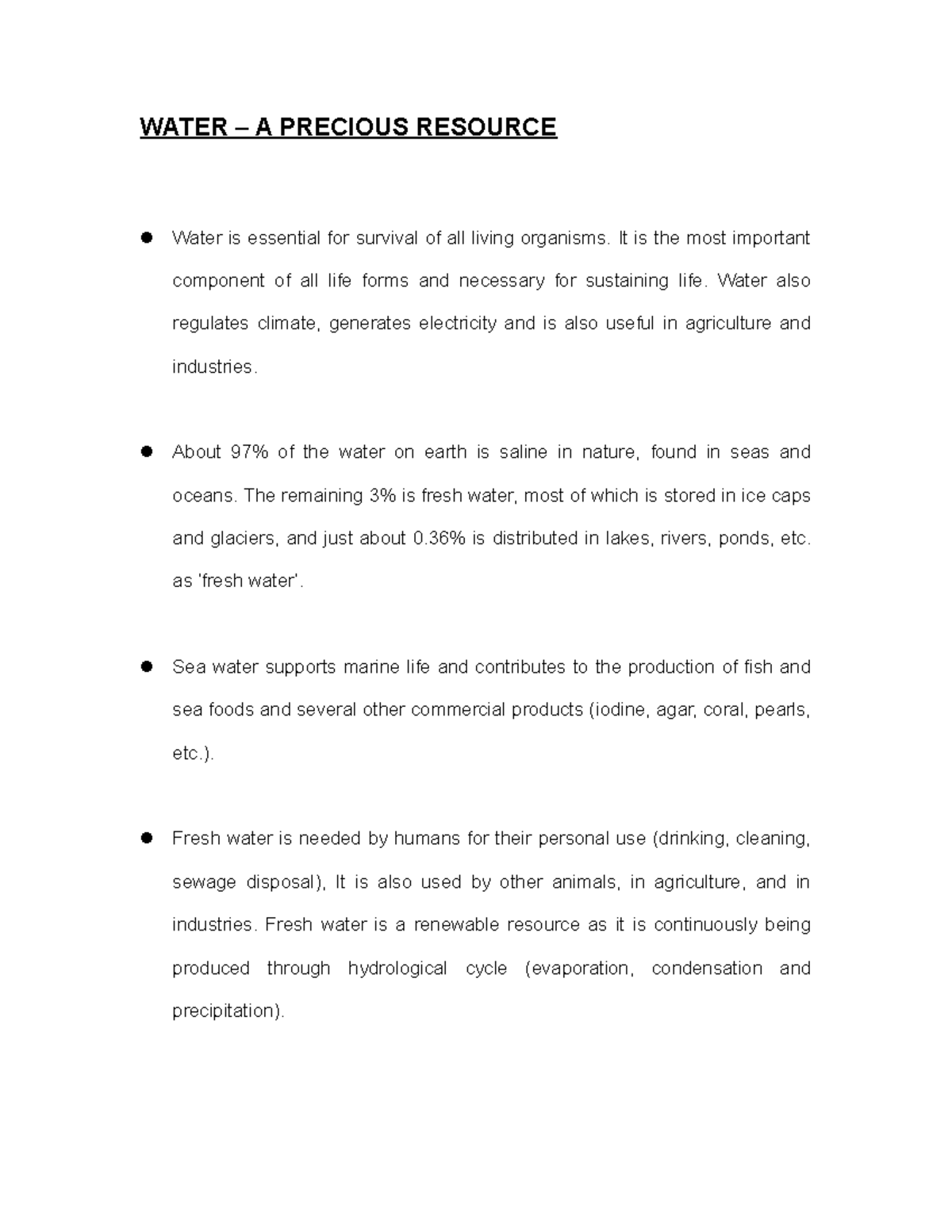 WATER – A PRECIOUS RESOURCE - WATER – A PRECIOUS RESOURCE Water is ...