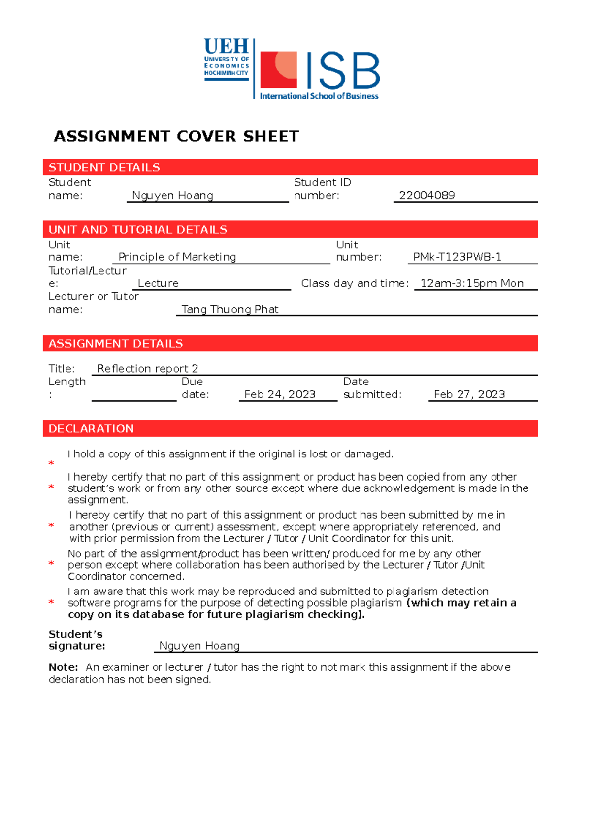 PMk1 Nguyen Hoang Reflection report 2 - ASSIGNMENT COVER SHEET STUDENT ...