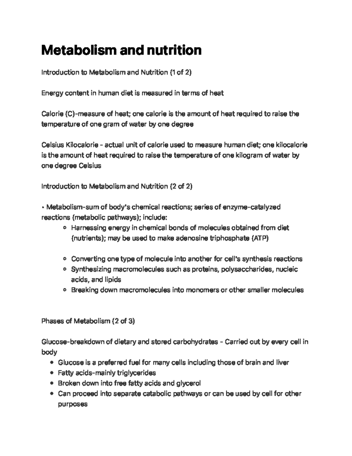 Metabolism and nutrition - Studocu