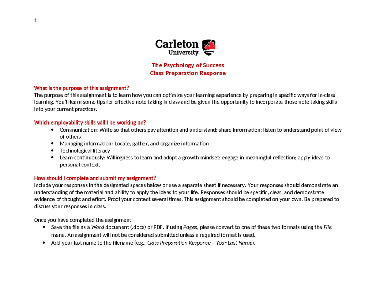 Class Preparation Response - The Psychology of Success Class ...