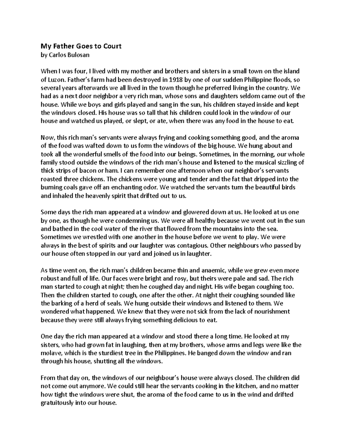 Carlos Bulosan My Father Goes to Court - My Father Goes to Court by ...