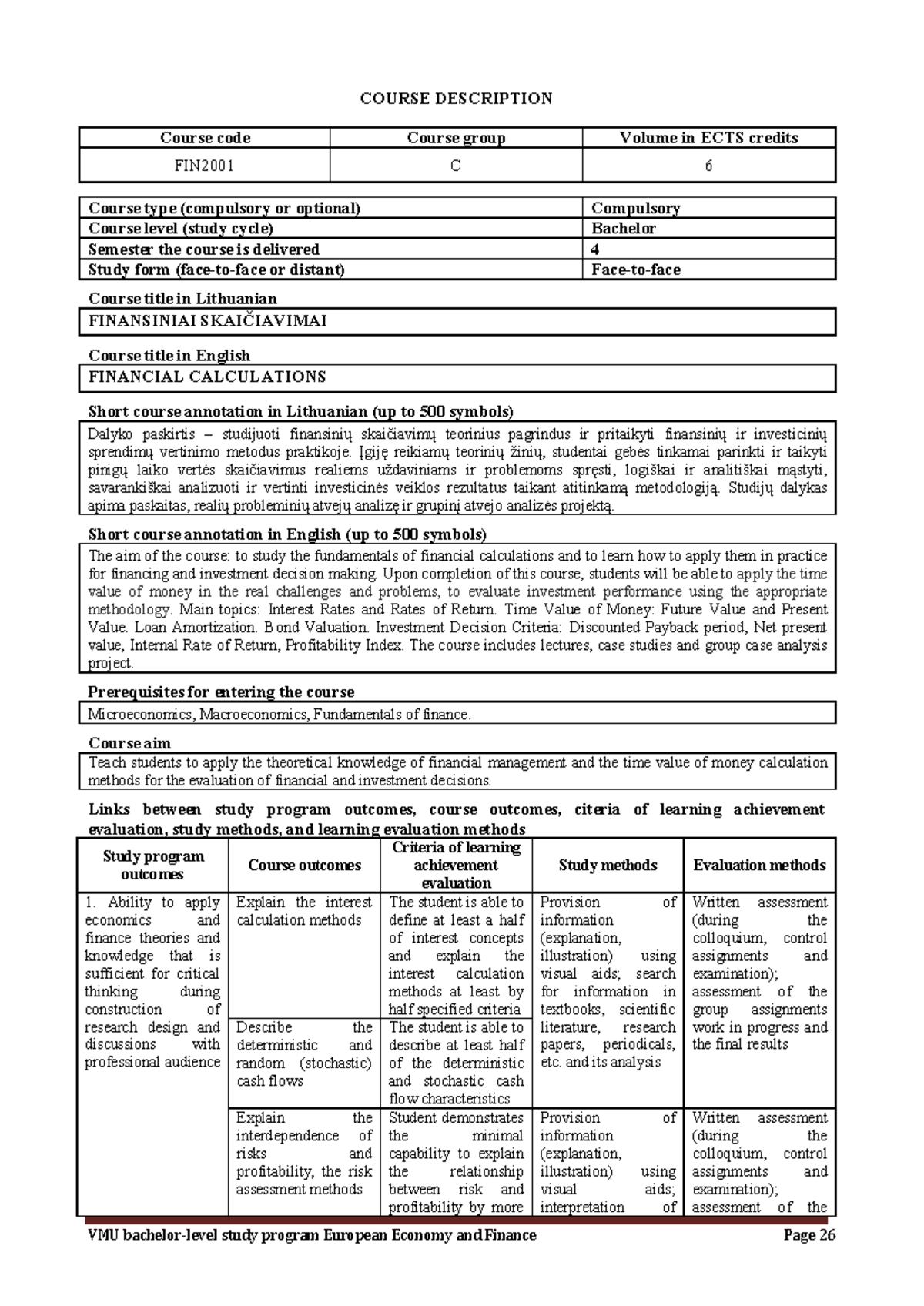 FIN2001 Financial-Calculations - COURSE DESCRIPTION Course code Course ...